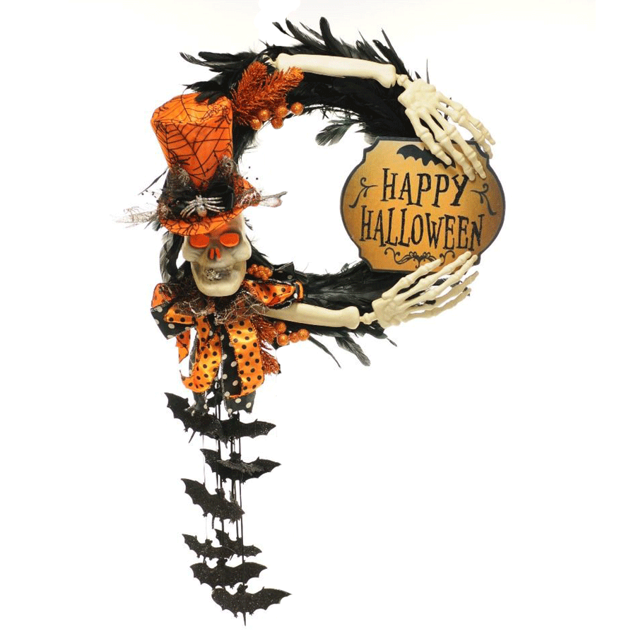 Lighted “Batty” Skeleton Wreath | The Music Box Company