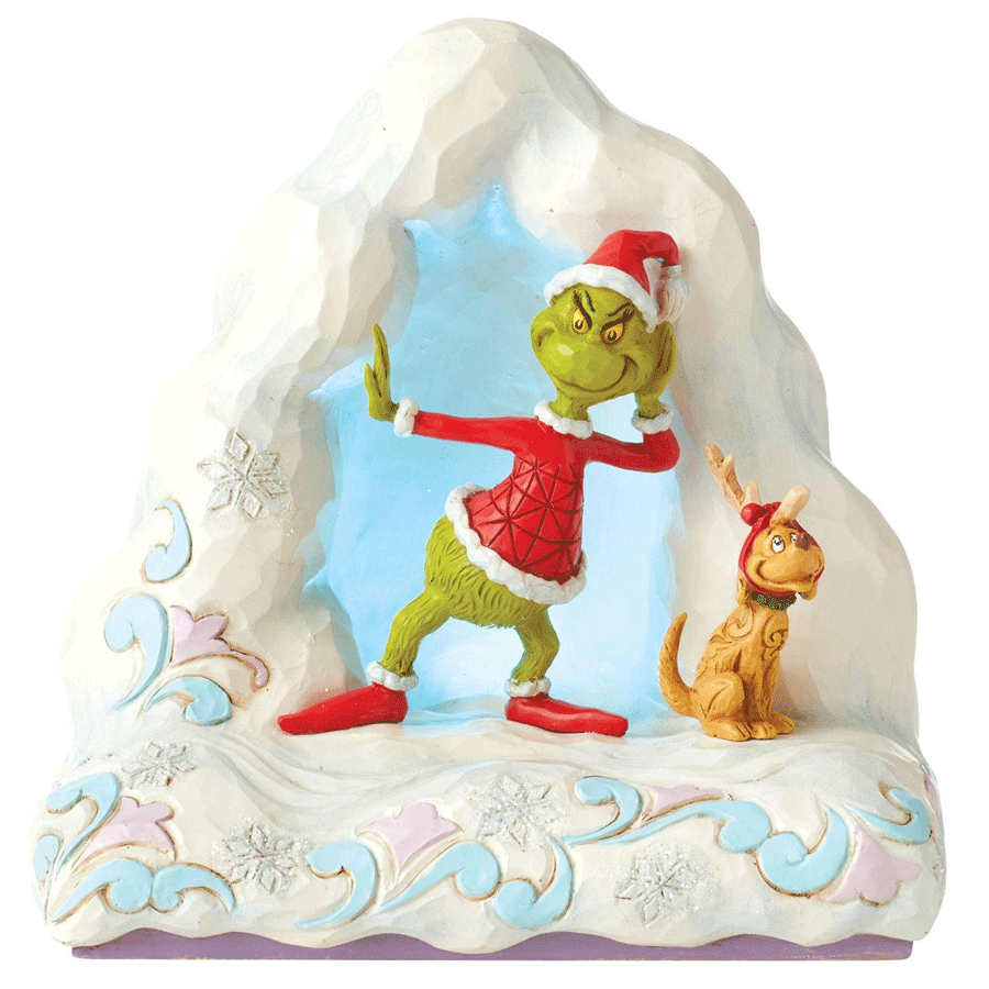 Grinch and Max on Lighted Snow Mound | The Music Box Company